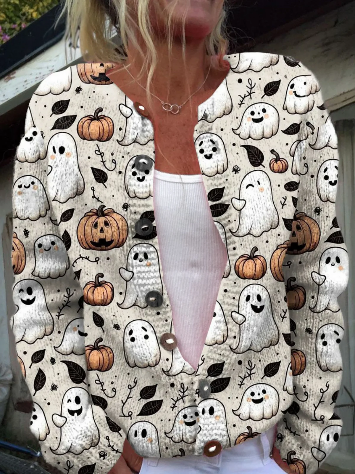 Funny Ghost Halloween Art Print Buttoned Cardigan Sweater – Nancy & Ruth